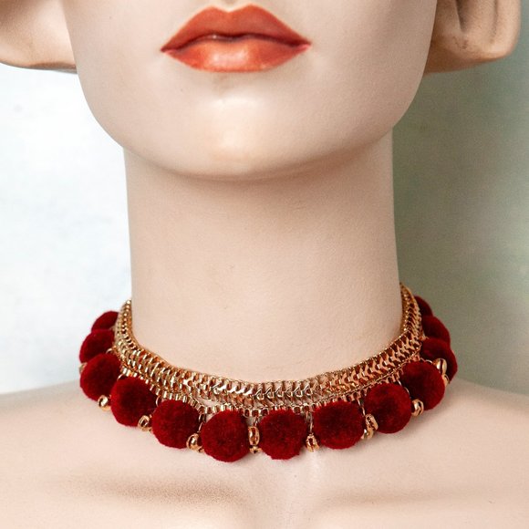 Jewelry | Gold Mesh And Burgundy Pom Adjustable Choker Necklace | Poshmark